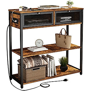 SOOWERY Console Table with Charging Station, 32'' Entryway Table with Doors, Sofa Table Narrow Long with 3 Tiers Open Wood Storage Shelves, for Living Room, Entryway, Foyer, Brown