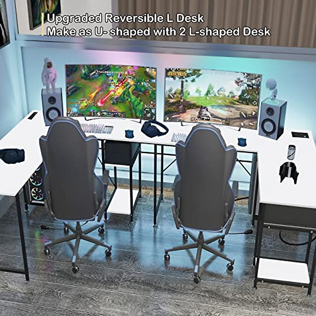 DLIUZ White L Shaped Desk with Drawers，L Modern Desk,Computer Gaming Desk with USB Charging Port and Power Outlet， 2 Person Long Writing Study Table with Shelves Reversible Home Office Corner Desk