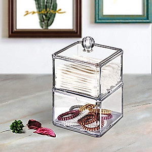 Modern Square Qtip Holder Acrylic Bathroom Vanity Countertop Storage Organizer Canister Jar for Cotton Swabs, Rounds, Balls, Makeup Sponges, Bath Salts - 2 Pack - Clear