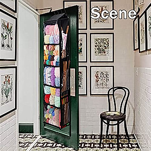 5 Compartments Hanging Yarn Knitting Storage Organizer with Zipper Closure, Yarn Over Door Display Holder with 6 Clear Pockets On Side for Knitting Needles, Crochet Hooks (L Size, Black)