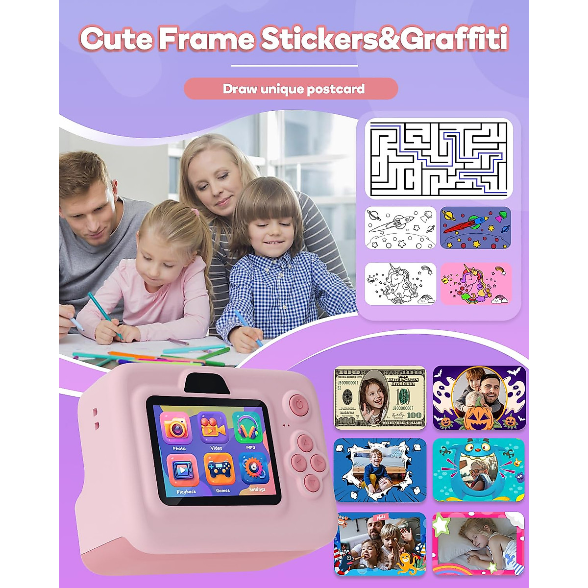 Dylanto Kids Camera Instant Print,1080P Kids Instant Cameras That Print Photos,Christmas Birthday Gifts for Girls Age 3-12,Portable Toy for 3 4 5 6 7 8 9 10 Year Old Girls Boys Pink