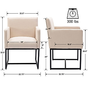 VESCASA Linen Upholstered Dining Chairs with Arms Set of 2, Mid Century Modern Padded Kitchen Chairs with Black Metal Frame for Restaurant, Dining Room, Cream