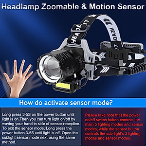 AXRUNZE LED Headlamp Rechargeable 150000 Lumens Super Bright with 10 Modes & Motion Sensor, Head Lamp Flashlight with Zoomable, IPX7 Waterproof,135°Adjustable for Outdoor Hiking Camping Running 2 Pack