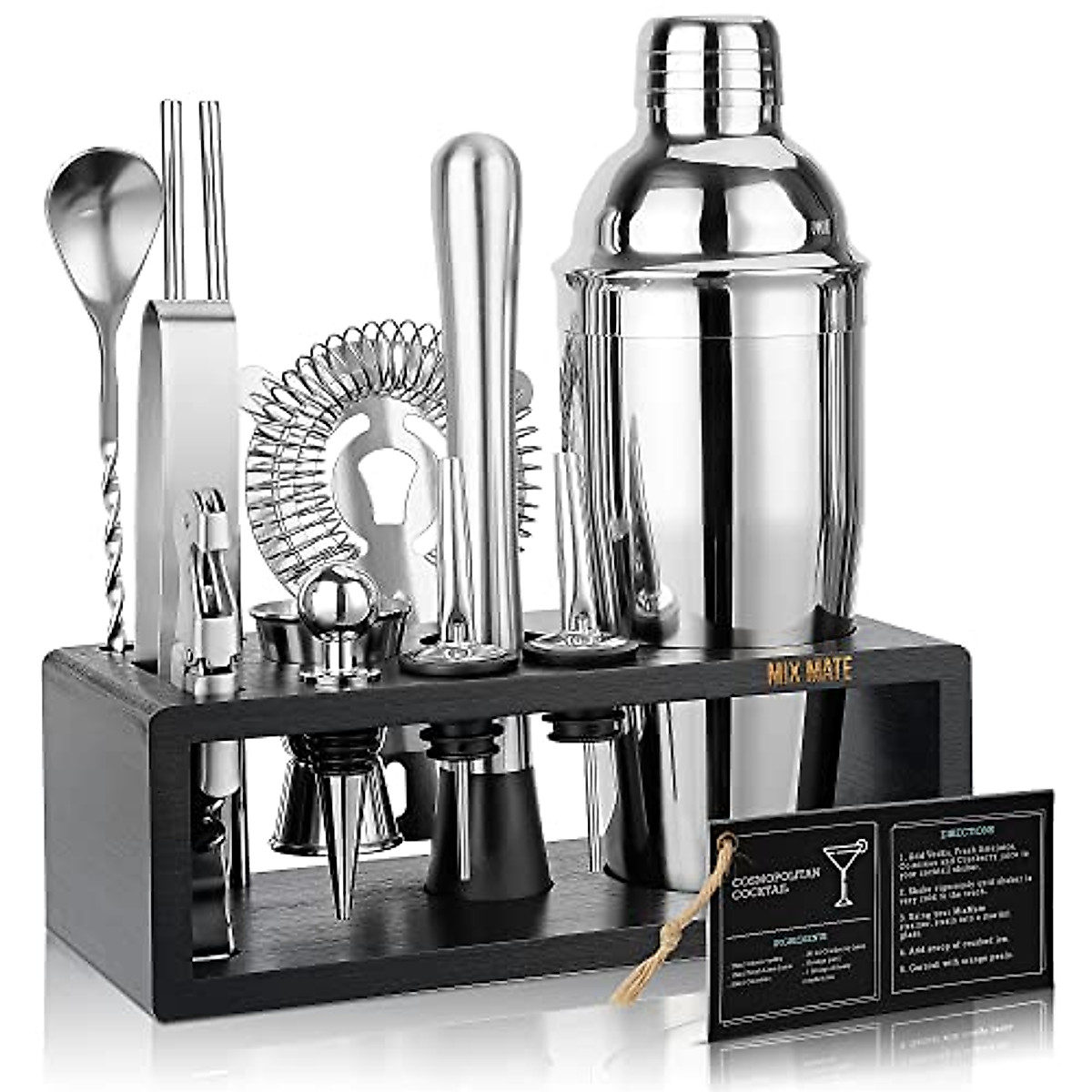 MixMate Stainless Steel Cocktail Shaker Set with Stand - 15-Piece Bartender Kit with Drink Shaker, Bar Spoon, Jigger, Muddler, Strainer, Bottle Opener & Stopper, Pour Spouts, Stirrers, Tongs, Recipes