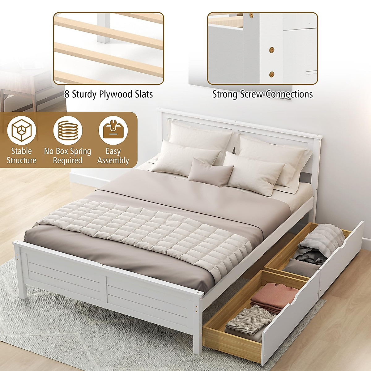 KOMFOTT Full Size Wood Bed Frame with 2 Storage Drawers, Mid Century Platform Bed Frame with Headboard, Sturdy Wooden Slats Support, Modern Mattress Foundation, No Box Spring Required, Easy Assembly