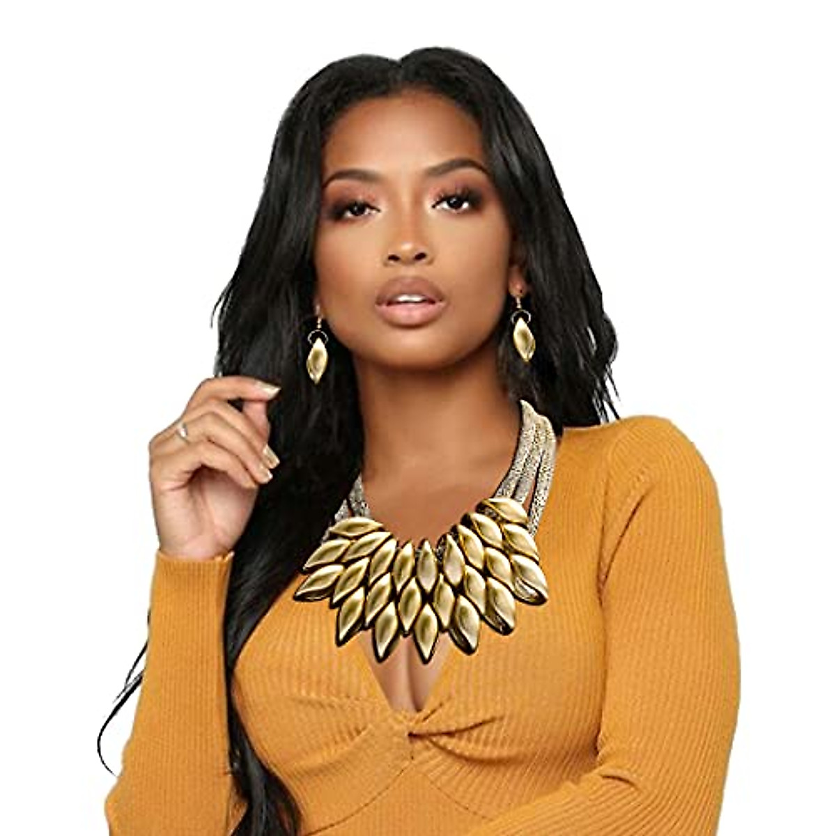 Jemiwa Choker Necklace Chunky Tribal Statement Necklaces Earrings Set Bib African Shark Tooth Necklace Gold Jewelry for Women (Gold)