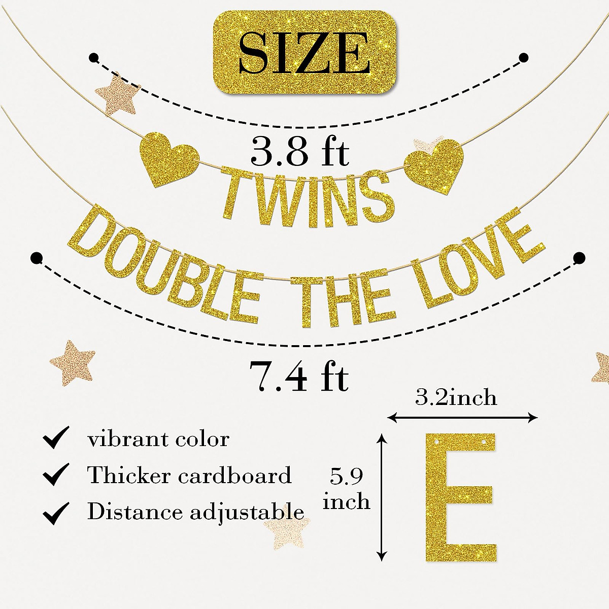 Ambishi Twins Double The Love Banner, Twins Baby Shower/Twins Birthday/Engagement/Wedding Party Decorations (Gold Gliter)
