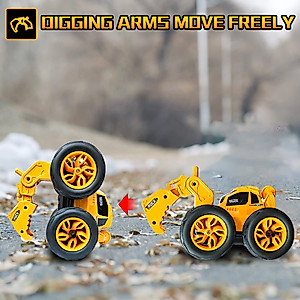 STEMTRON Stunt Car 2.4Ghz 4WD Remote Control Car Double Sided 360°Rotating RC Excavator with Lights Construction Vehicle Truck Outdoor Indoor Toys Gifts for Boys Girls