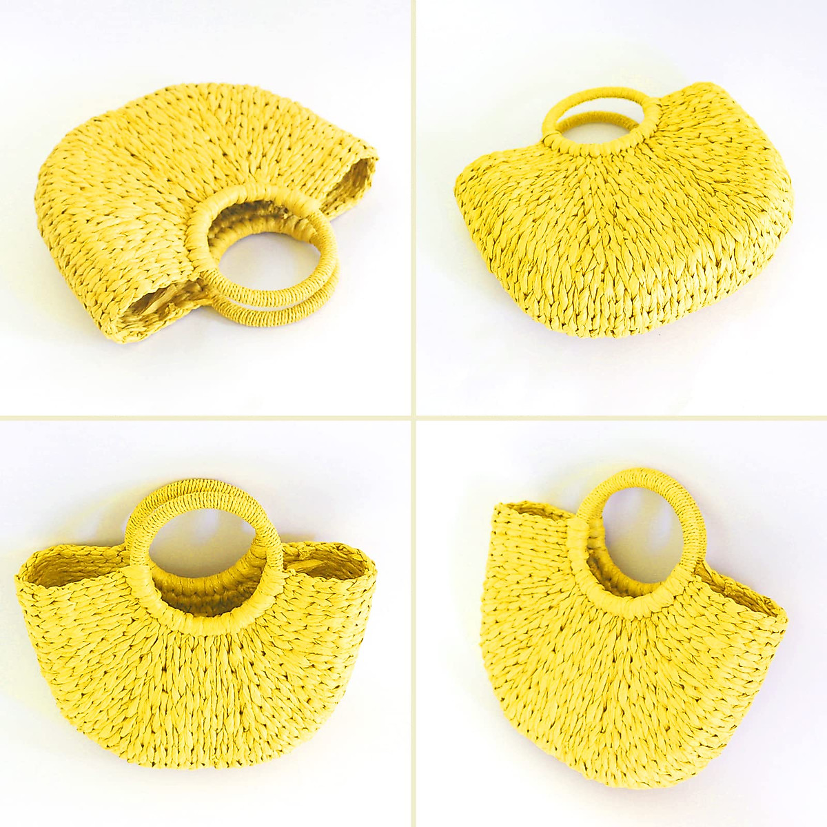 QTKJ Simple Retro Semi-circle Rattan Straw Bag Hand-Woven Round Handle Handbags Summer Beach Bag Tote Straw Bag Purse (Yellow)