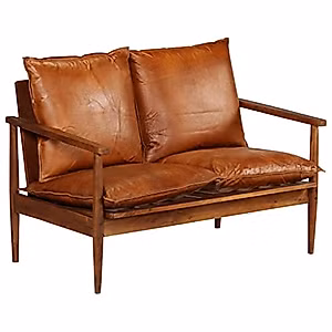 vidaXL Sofa, Love Seat Sofa with Cushions, Upholstered Accent Chair for Living Room, Modern Style, Real Leather with Acacia Wood Brown