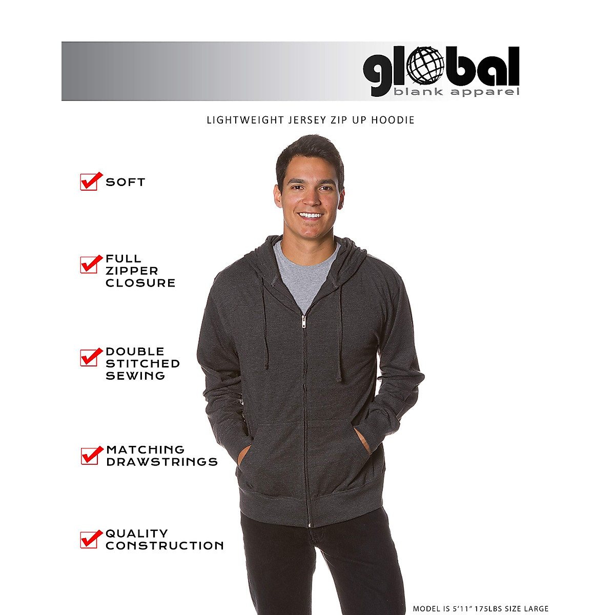 Global Blank Long Sleeve T-Shirt Sweatshirts for Men, Lightweight Zip-Up Hoodie, Gunmetal Heather, XS