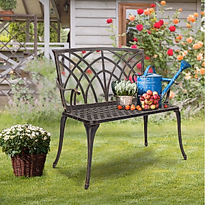 VINGLI 38" Outdoor Bench Cast Aluminium Garden Bench, Orchid Porch Bench Patio Bench Deck Furniture for 1-2 Person Seat(Bronze)
