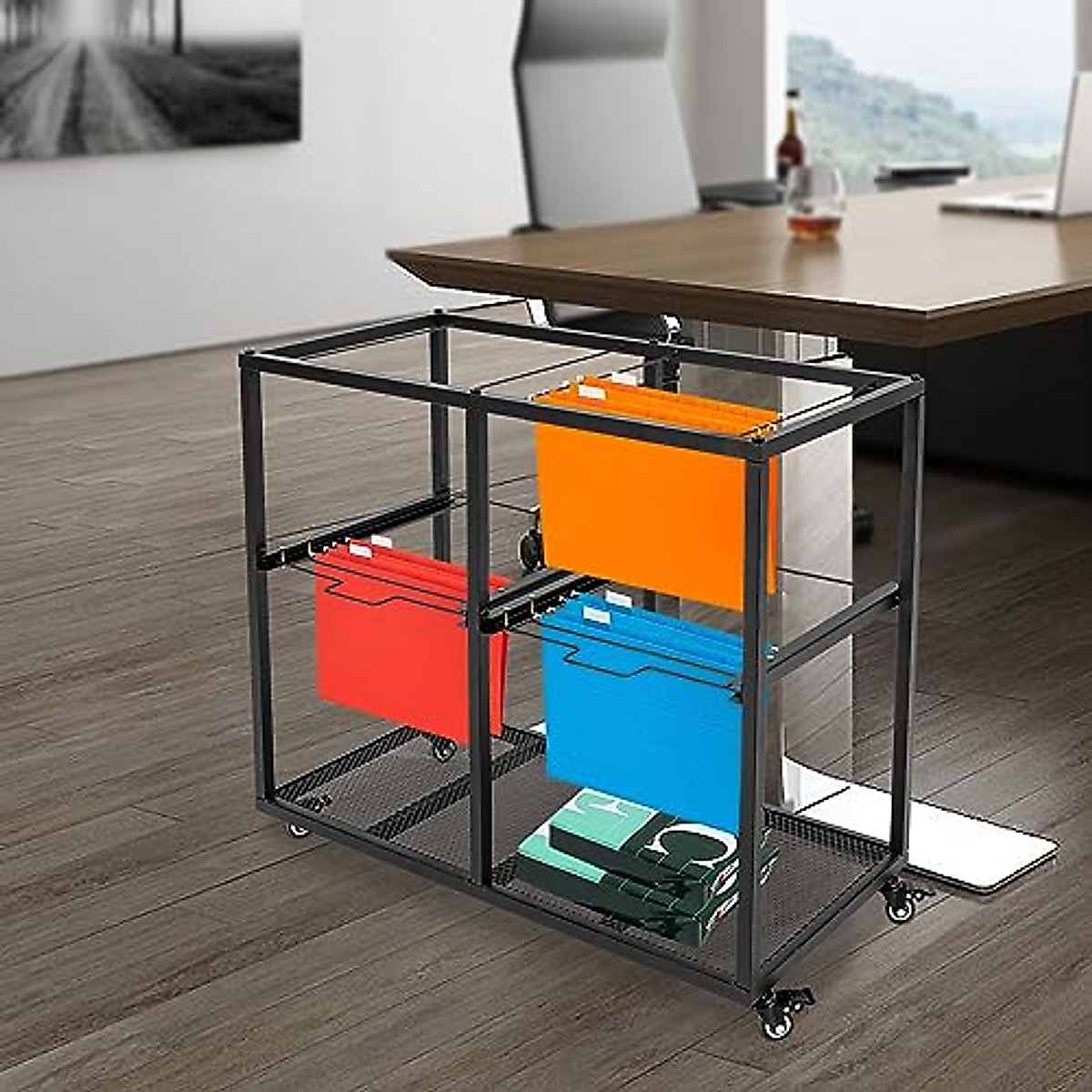 2 Tiers 4 Compartments Rolling File Carts with Wheels, Heavy Duty Rolling Pull-Out File Folder Rack Drawer File Cabinet for Home Office, Hanging Files for Letter Size