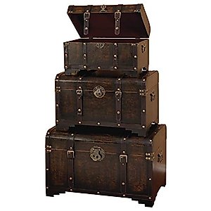 Deco 79 Wood Nesting Upholstered Trunk with Vintage Accents and Studs, Set of 3 28", 24", 20"W, Brown