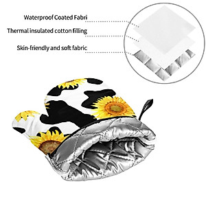 Black Cow Skin Sunflower Oven Mitts and Pot Holders Sets of 4,Non-Slip Heat Resistant Oven Gloves for Baking Cooking Grilling BBQ