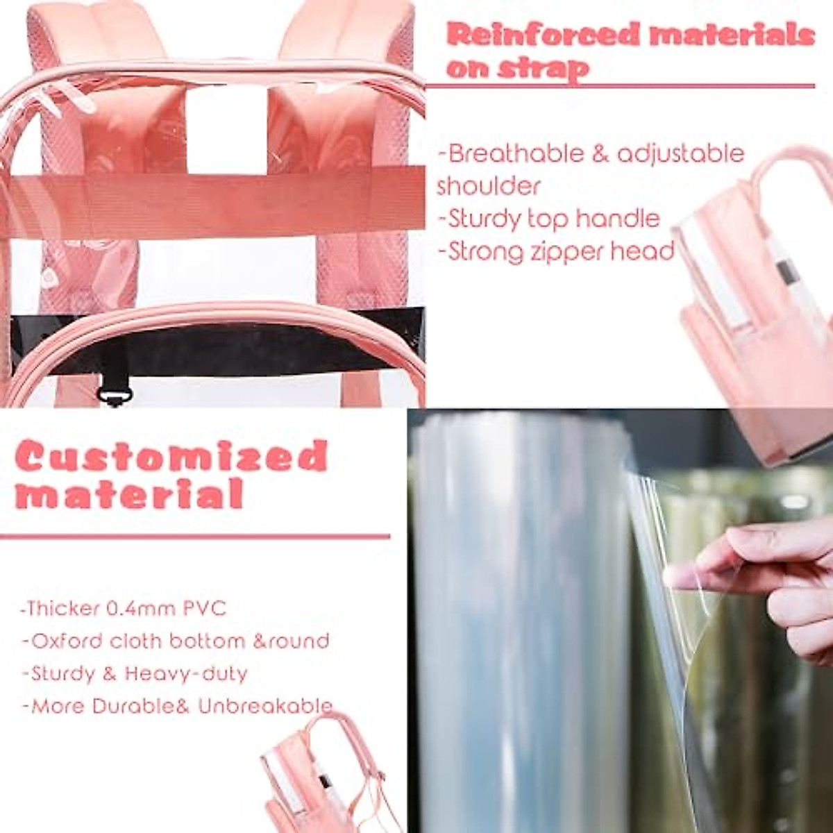 BLUEFAIRY Clear Backpack for School Stadium Approved Large PVC See Through Bag Heavy Duty Bookbag Transparent Plastic Bag for Kids Students Work Events 17" Pink