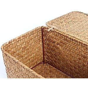 FEILANDUO Wicker Shelf Baskets with Lids, Seagrass Storage Baskets Bins Rectangular Woven Baskets Boxes for Organizing Home Decor Set of 3