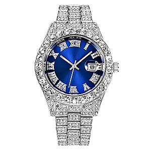 Hip Hop Iced Out Men's Rhinestone Watch Diamond Analog Quartz Watch (Blue)