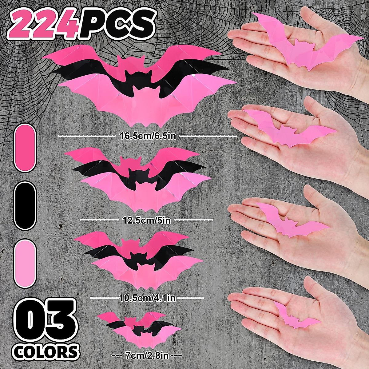 Whaline 224Pcs Halloween Wall Decoration 3D Bats with Foam Adhesive Black Pink Rose Red Waterproof Spooky Bats Stickers Hocus Pocus Party Supplies for Halloween Home Wall Window Door Decor, 4 Sizes