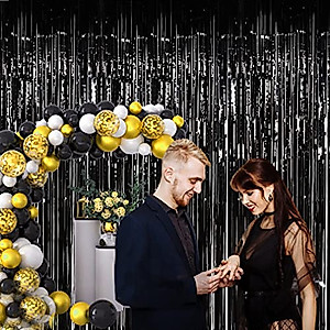 Muhome Black Foil Fringe Curtain, 2PCS 3.28FT x 8.2FT Tinsel Door Curtains & 1 Masking Tape Black Fringe Backdrop for Wedding Birthday Baby Shower Bachelorette Party Decorations