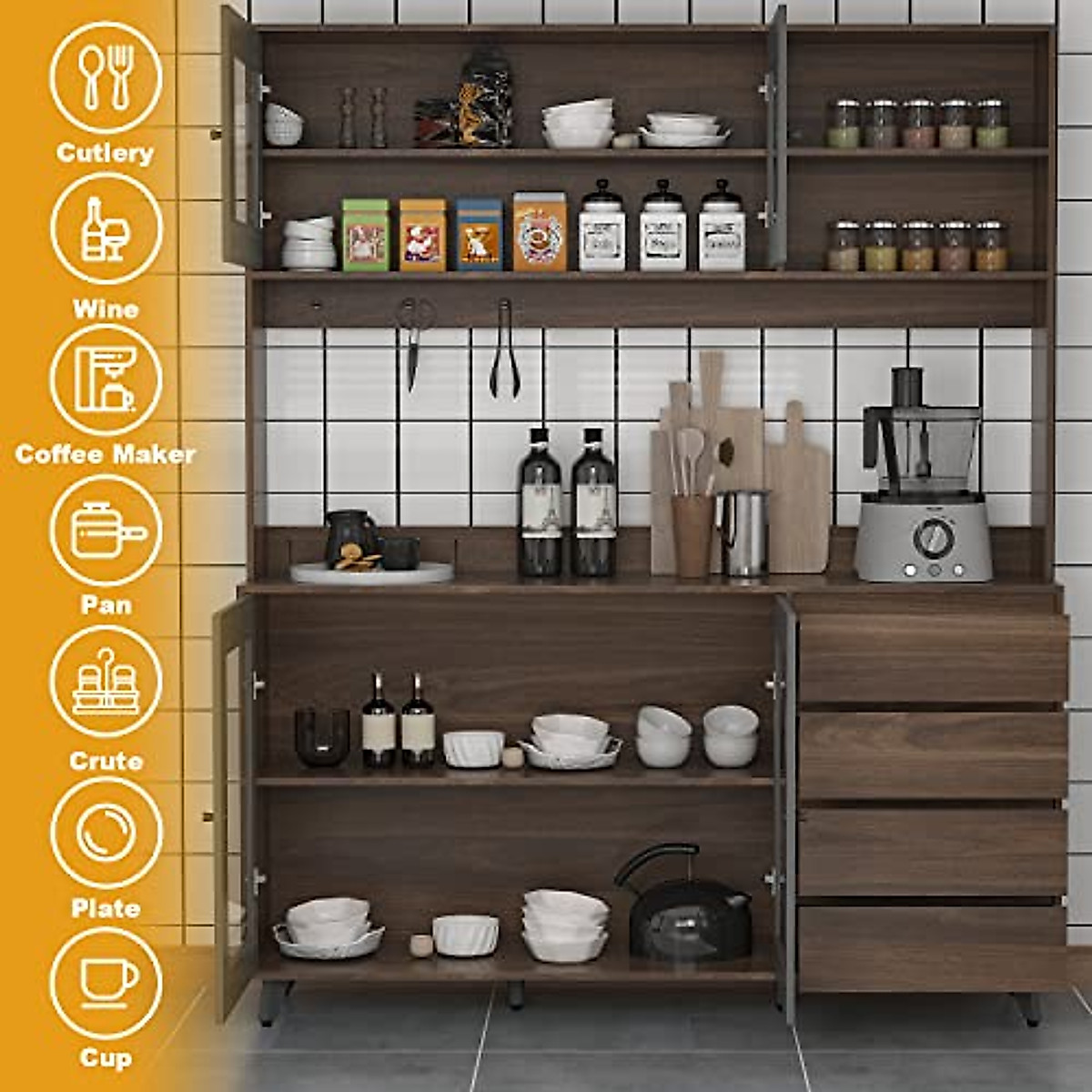 AIEGLE Large Kitchen Hutch Cabinet, Storage Cupboard Pantry with 4 Doors, 4 Drawers & Microwave Shelf, for Kitchen Storage, Dark Walnut (63" L x 15.7" W x 74.8" H)