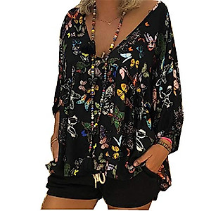 Andongnywell Women's Print Blouse V Neck Chiffon Peplum Top V-Neck Floral Print Chiffon Shirt Tunics (Multicolor 3,1,Small)