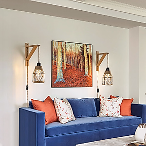 MUEOF Industrial Plug in Wall Sconce Set of 2, with 8.2ft Hemp Rope Cord, On/Off Switch,Farmhouse Wall Light with Metal Shade and Wood Bracket for Bedroom Living Room.