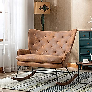 Henf Oversized Rocking Chair, Modern Velvet Rocker Armchair Loveseat Chair with Tufted High Back and Padded Seat Comfortable Accent Glider Rocker for Nursery Living Room Bedroom, Coffee