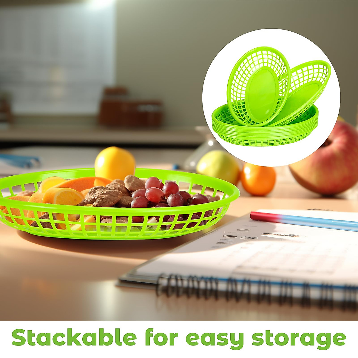 GothaBach 24 Pack Fast Food Baskets, Plastic Fast Food Restaurant Baskets, Bread Fry Baskets Serving Tray for Hot Dogs, Chicken, Burgers, Sandwiches, Fries(Green)