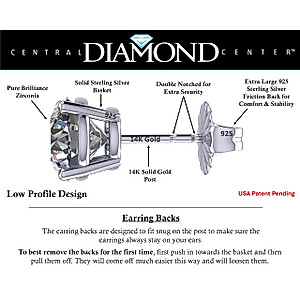 Central Diamond Center 14K Solid Gold Post & Sterling Silver 4 Prong CZ Stud Earrings - Platinum Plated - 6.50mm - 2.00cttw