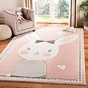 SAFAVIEH Carousel Kids Collection Accent Rug - 3'3" x 5'3", Pink & Ivory, Bunny Design, Non-Shedding & Easy Care, Ideal for High Traffic Areas for Boys & Girls in Playroom, Nursery, Bedroom (CRK166P)