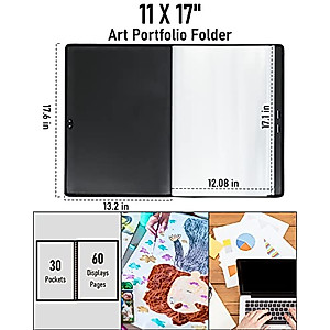 Nicpro Art Portfolio 11x17, Upgraded Large Portfolio Folder for Artwork with 30 Pockets Display 60 Pages, Presentation Book Binder with Protector Sleeves for Kids & Artists Drawing