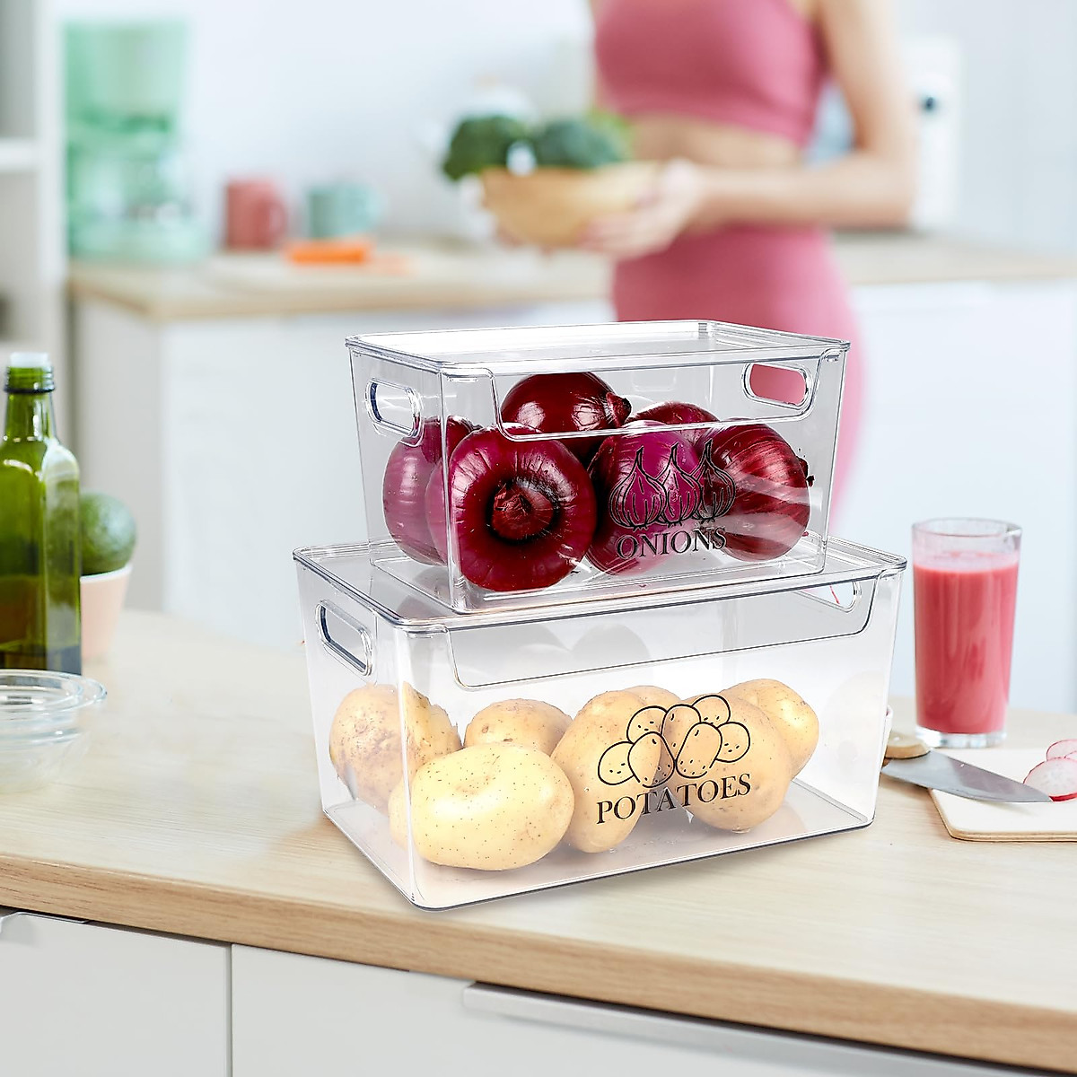 2 Pack Potato and Onion Storage Bins with Lid, Dustproof and Stackable Organizer for Kitchen, Transparent Vegetable Containers, Multi-Functional Pantry and Fridge Baskets,Food Storage Potato Box Clear