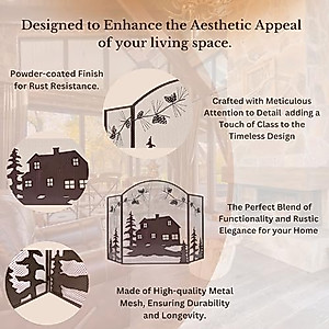 BestGiftEver 3-Panel Fireplace Screen Decorative with House Cabin Lodge Pine Cone Design - Stand Alone Fireplace Cover Metal Mesh Screen - Home Decorative Firescreen forRustic Western Country Style