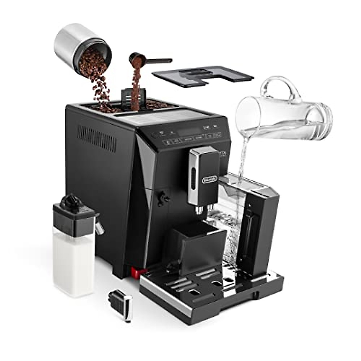 Delonghi super-automatic espresso coffee machine with an adjustable grinder, double boiler, milk frothermaker for brewing espresso, cappuccino, latte, macchiato & Flat white. ECAM44660B Eletta, 1 liters