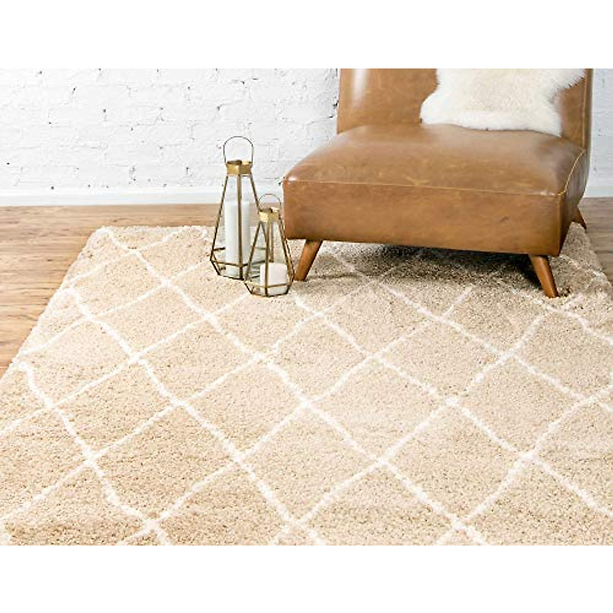 Unique Loom Rabat Shag Collection Modern Tribal Moroccan Inspired Plush & Soft Geometric Design Area Rug (5' 0 x 8' 0 Rectangular, Taupe/ Ivory)
