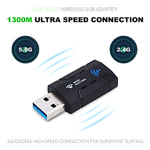 WiFi Nation® WiFi Dongle 1300Mbps WiFi Adapter 2.4G/5G Dual Band Mini USB 3.0 802.11ac Wireless Network Adapter for PC Desktop Laptop Windows MacOS & Most of Linux Distros