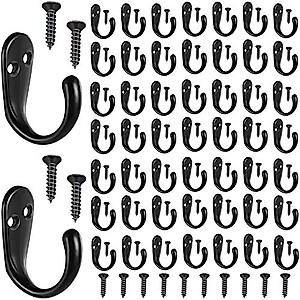 50 Pieces Coat Hooks Single Prong Robe Hook Wall Mounted Coat Key Hook with 110 Pieces Screws for Bathing Kitchen Garage Bedroom (Black)