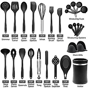 Silicone Cooking Utensils Set, 28PCS Kitchen Utensils Set with Holder, AIKWI Heat-Resistant & Non-stick Silicone Spatula, Tongs,Spoon for Cooking, BPA Free Kitchen Tools Gift (Black)
