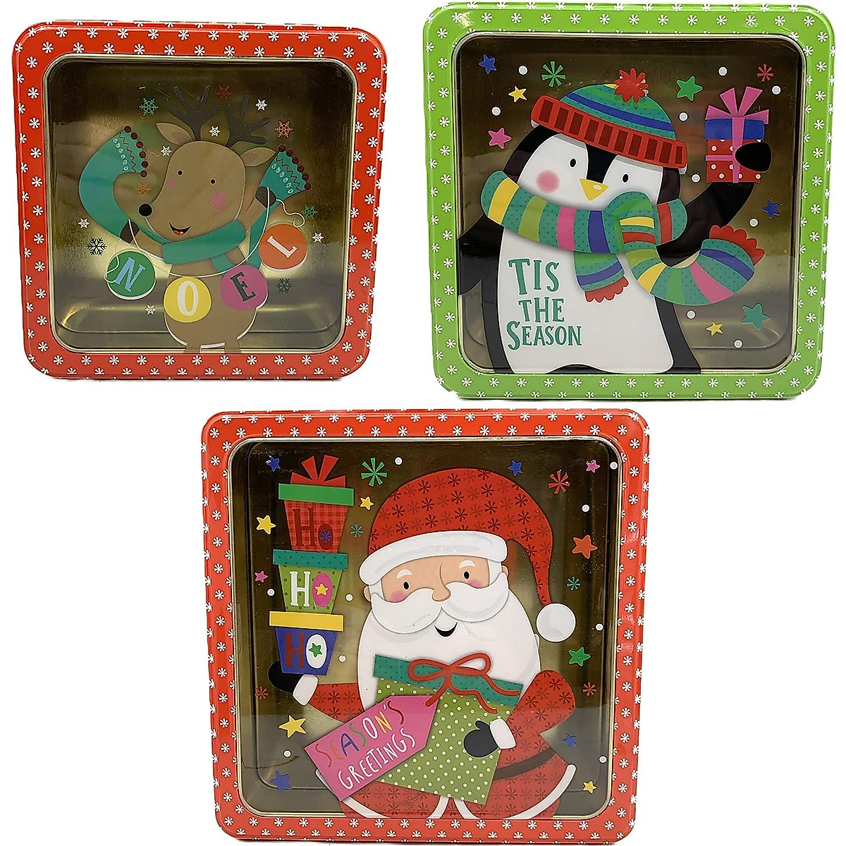 ALEF Christmas/Holiday Set of 3 Decorative Nesting Tins (Square w/Clear Window Lid)