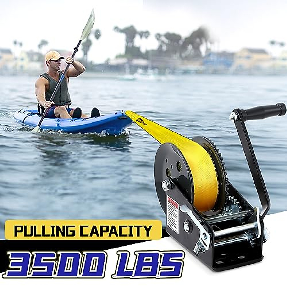 BeckTour Boat Trailer Winch, 3500Lbs Hand Winch with 33 FT Strap with Hook, 2 Way Ratchet, 4:1/8:1 Gear Ratio, Boat Winch for Trailers, Truck ATV