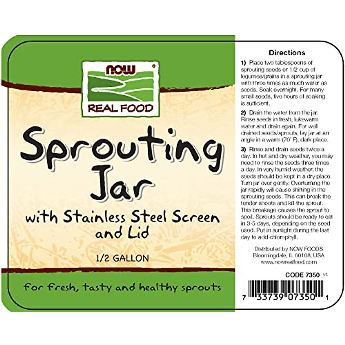 NOW Foods, Sprouting Jar with Stainless Steel Screen, Designed for Legumes, Seeds and Grains Sprouting, 1 Jar