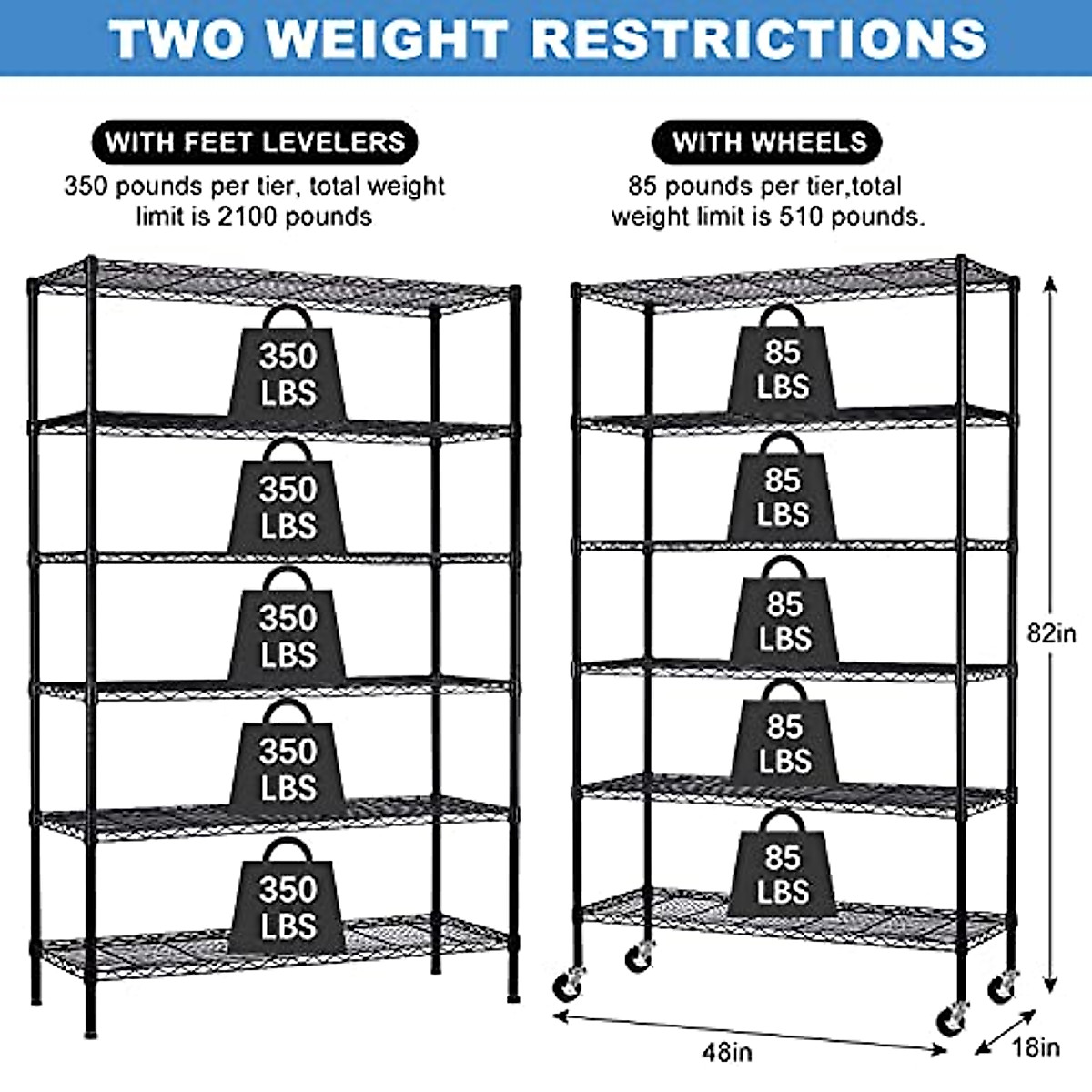 Hkeli Storage Metal Shelf Heavy Duty Wire Shelving Unit with Wheels 48inchx18inchx82inch Sturdy Steel Adjustable NSF 6 Tier Rack Standing Garage Shelves for Restaurant Garage Kitchen, Black