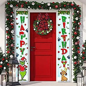 Christmas Happy Birthday Porch Sign Banner, Christmas Decorations Green Monster Door Banner Welcome Porch Sign for Front Door Outside Yard Christmas New Year Birthday Party Supplies