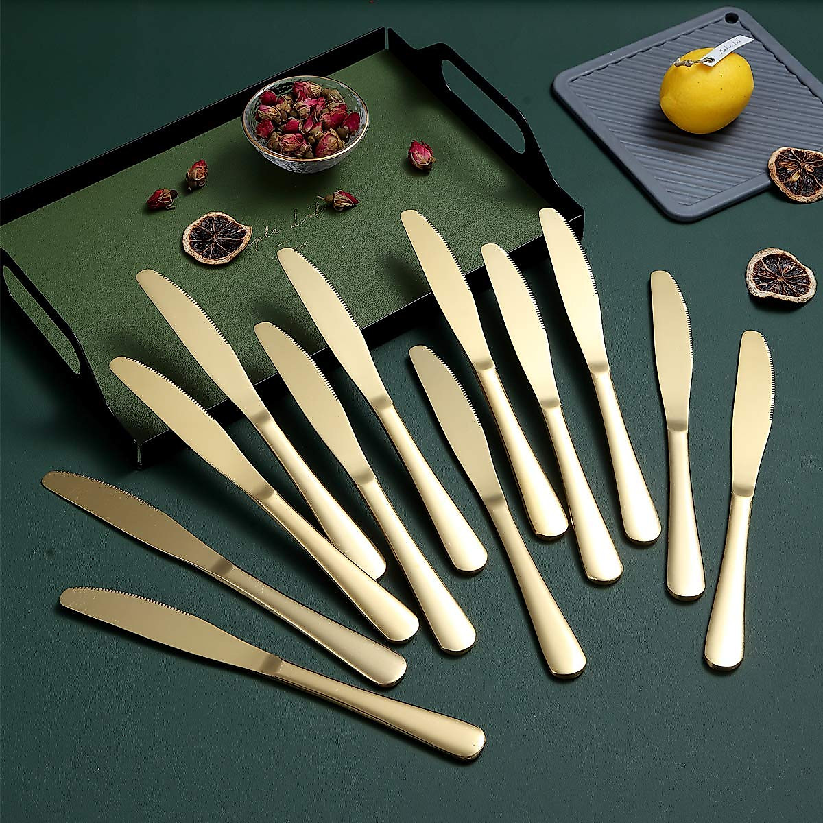 Gold Dinner Knives Set Of 12, Berglander Stainless Steel Titanium Plating Shiny Gold Dinner Knife, Butter Knife Spreader Table Knives Sturdy And Dishwasher Safe