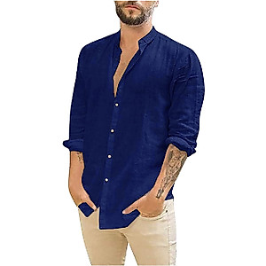 Men Linen Button Down Dress Shirts Casual Long Sleeve Cotton Beach T Shirts Stand Collar Solid Summer Yoga Tops (Blue,Large)
