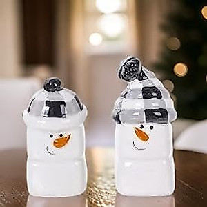 The Bridge Collection Snowman Salt and Pepper Shakers - Festive Snowmen in Hats Ceramic Salt & Pepper Shakers - Holiday Kitchen Tabletop Decor
