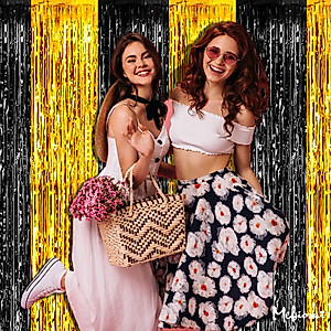 4 Pack 3.2Ft x 6.6Ft Black and Gold Fringe Curtain Backdrop, Metallic Tinsel Foil Fringe Streamers Curtains Background for Photo Booth Birthday Wedding Graduation Carnival Party Decorations