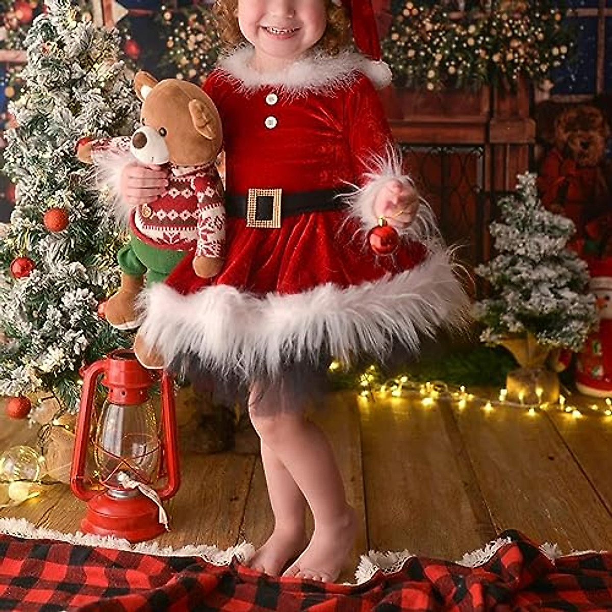 Baby Girls Christmas Romper Dress Cute Furry Long Sleeve Bodysuit Tutu Skirt Velvet Xmas Outfits Winter Clothes (Red Furry Dress, 3-6 Months)