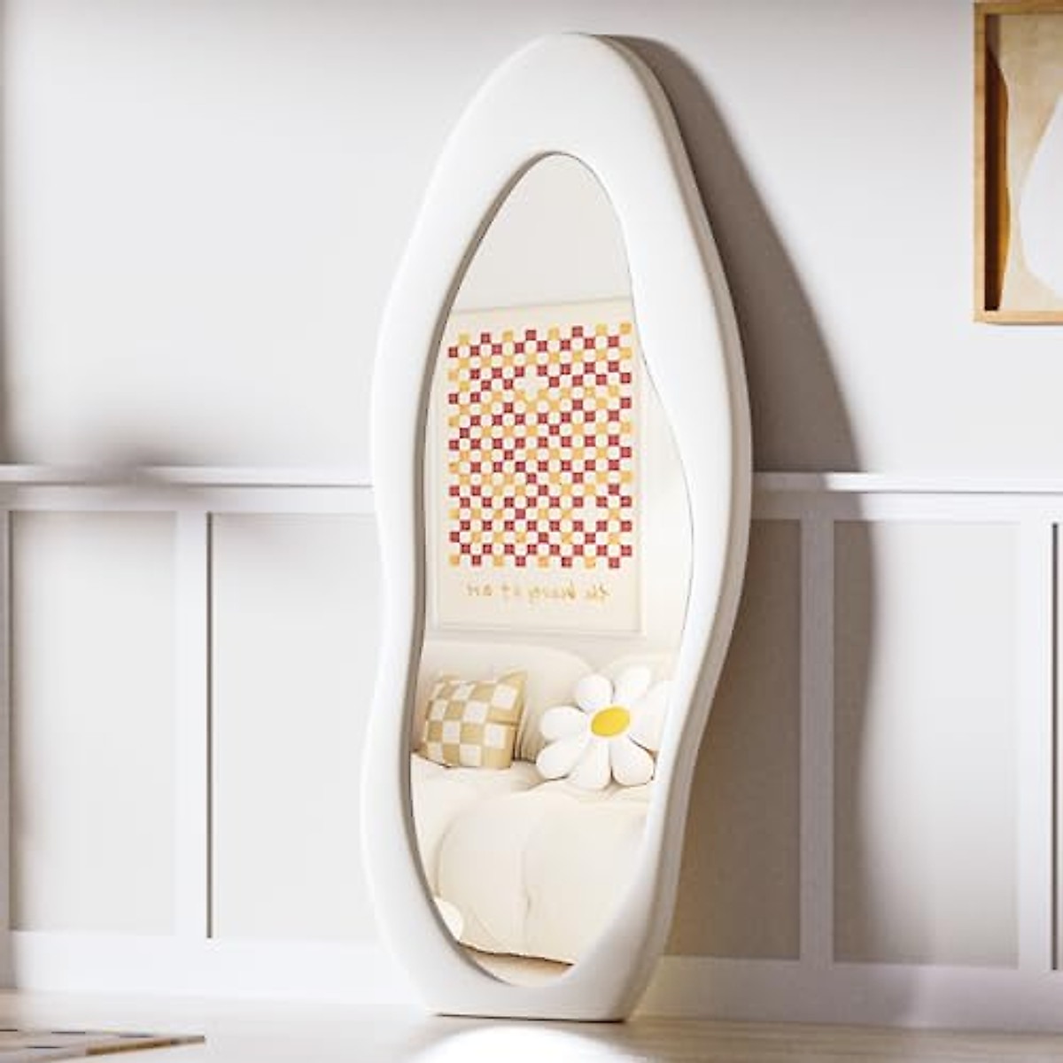 VooBang 63"x24" Irregular Mirror Full Length, Flannel Cloud Floor Mirror with Stand, Full Body Freely Standing Mirror for Bedroom, Living Room, Hanging or Against The Wall, White